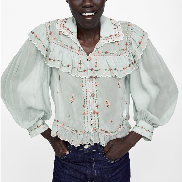 Zara | Tops | Zara Sage Embroidered Ruffle Blouse | Poshmark